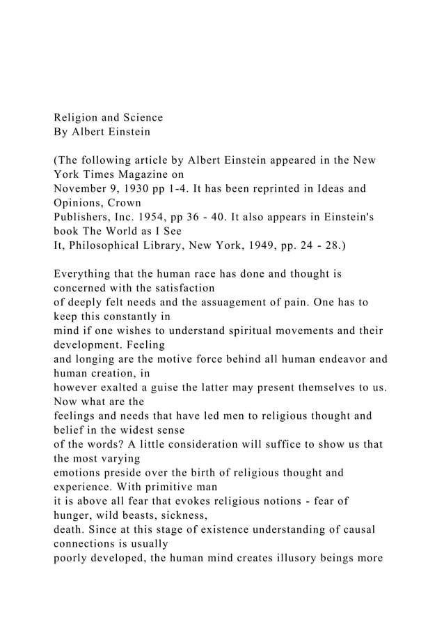 Religion and Science By Albert Einstein (The following a.docx | Atheism | Religion & Spirituality