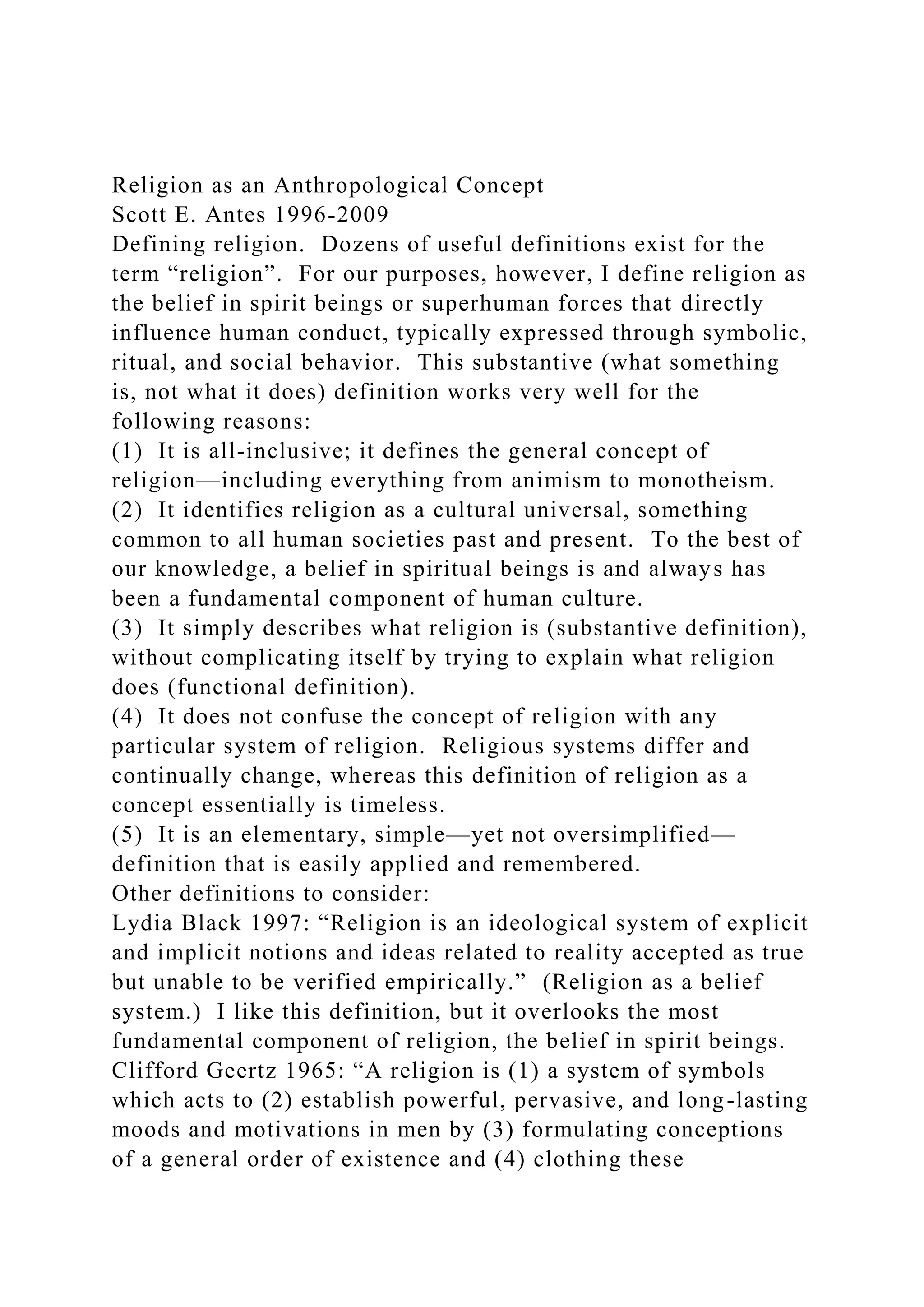 Religion as an Anthropological ConceptScott E. Antes 1996-2009.docx
