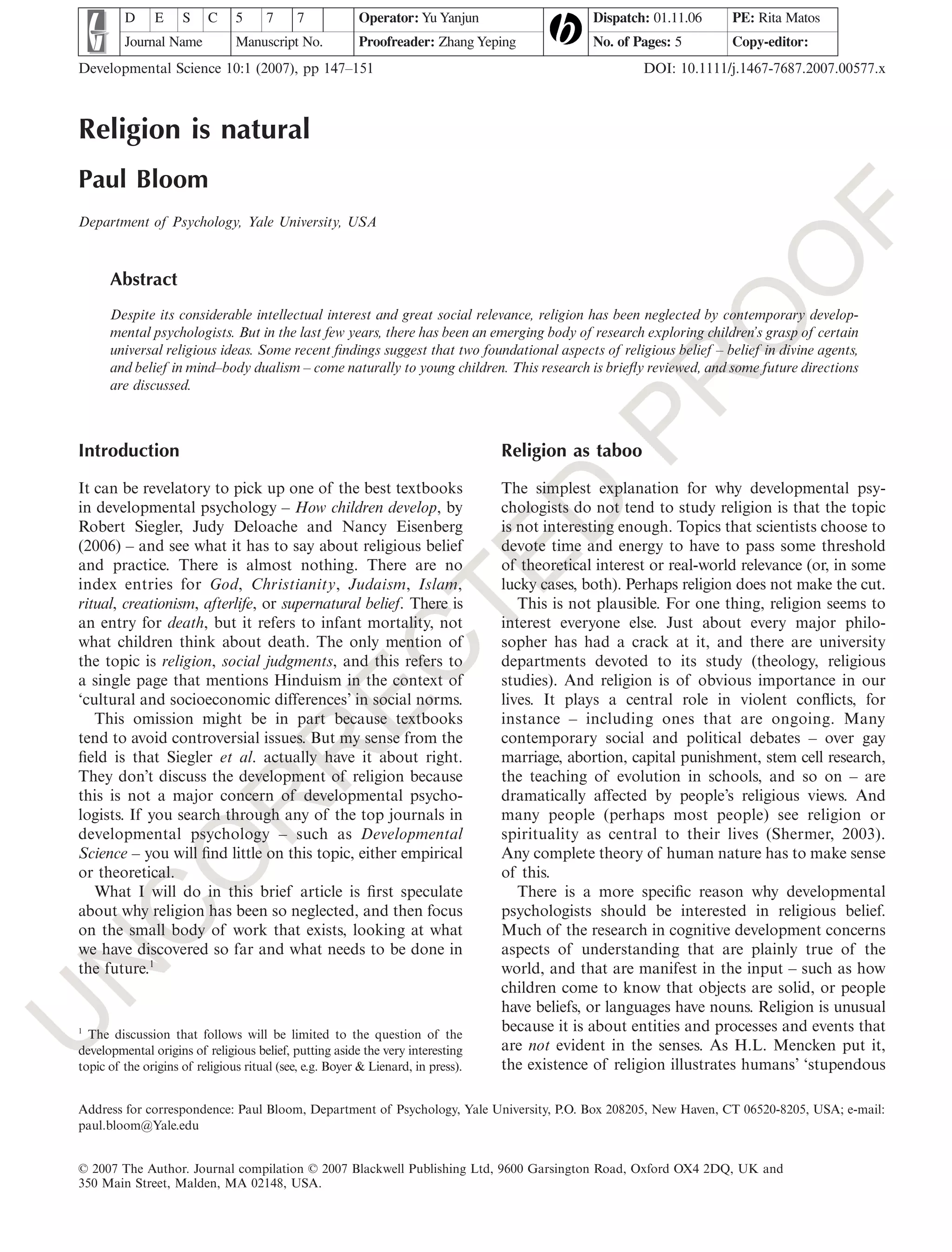 Religion is natural (bloom 2007) | PDF