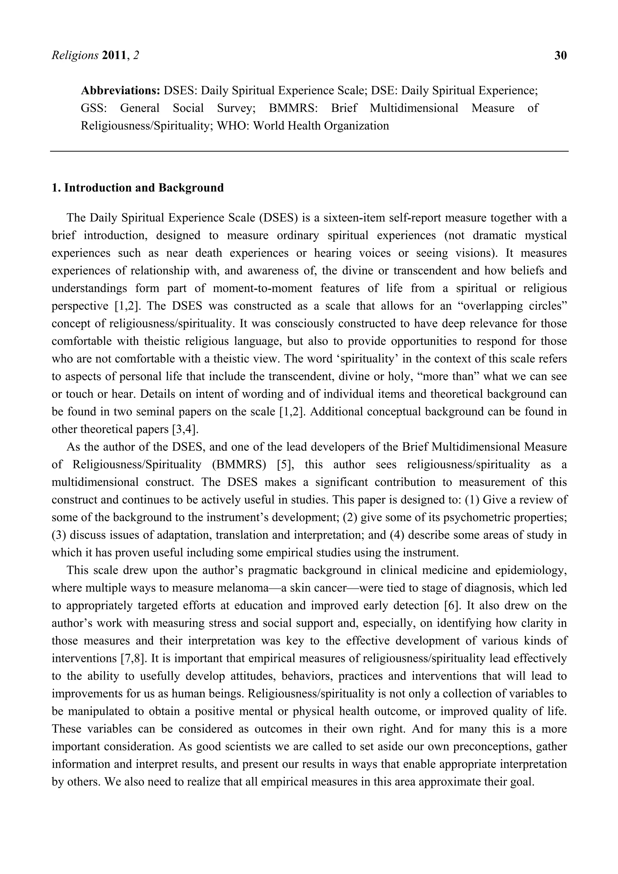 The Daily Spiritual Experience Scale | PDF