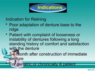 relining and rebasing in prosthodonticsppt | PPT
