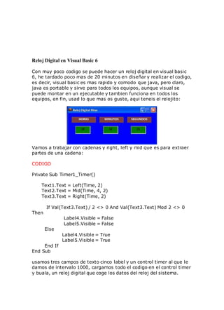 Reloj digital en visual basic 6 | DOCX