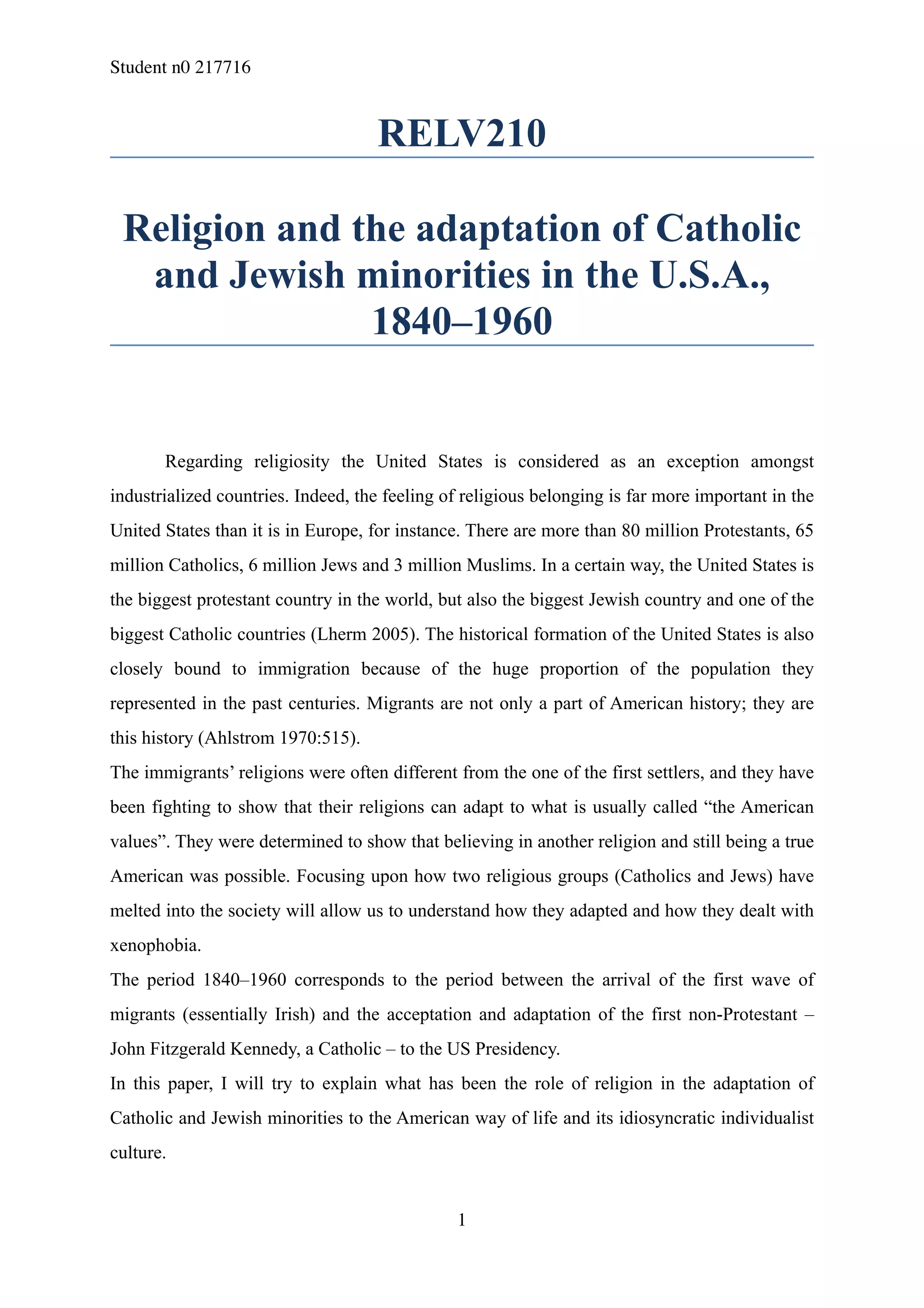 Religion and the adaptation of Catholic and Jewish minorities in the U ...