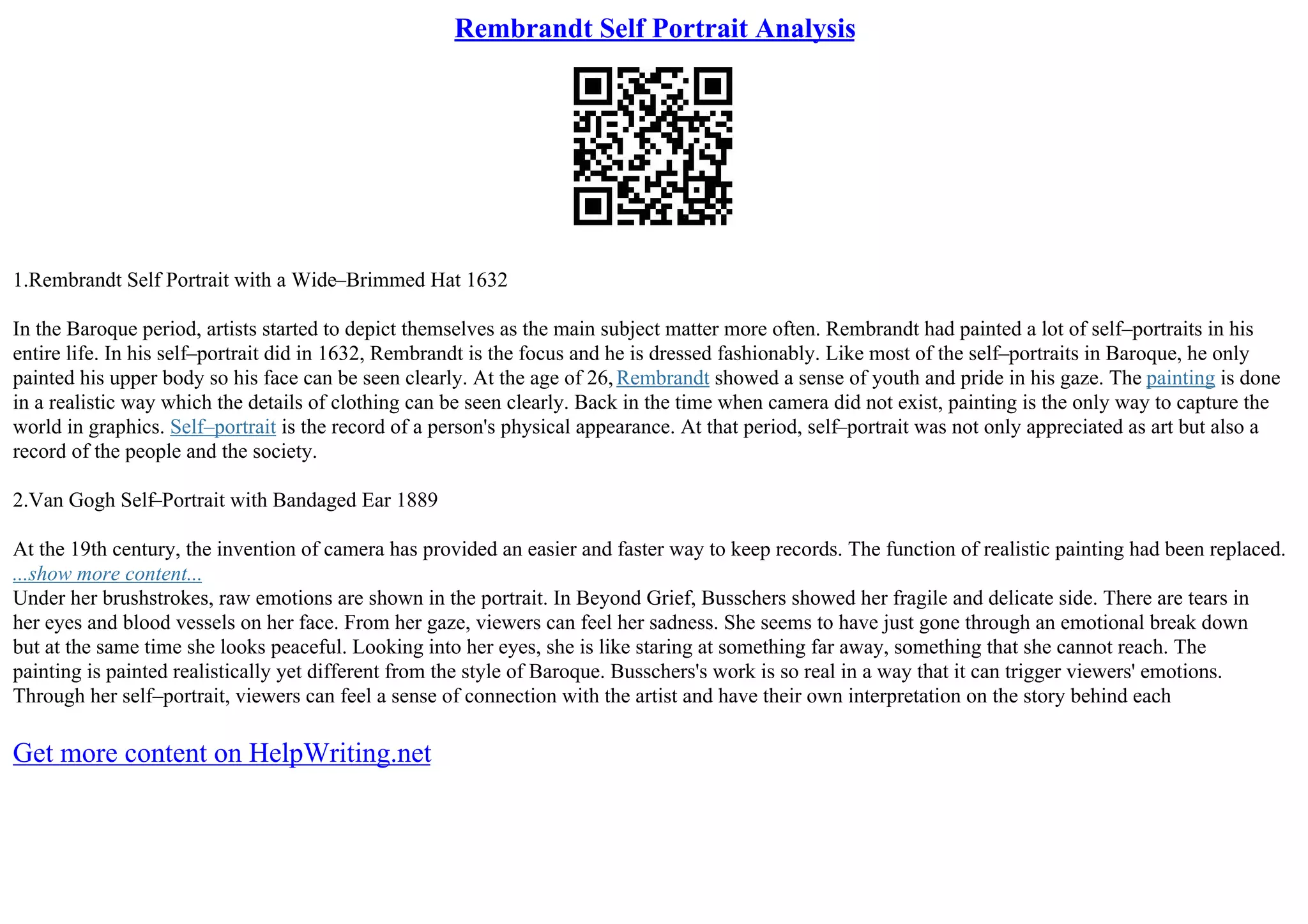 Rembrandt Self Portrait Analysis | PDF