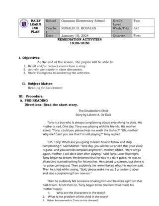 REMEDIAL LESSON ENGLISH 2 RETELLING STORY | PDF