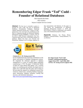 Remembering Edgar Frank “Ted” Codd - Founder of Relational Databases | PDF