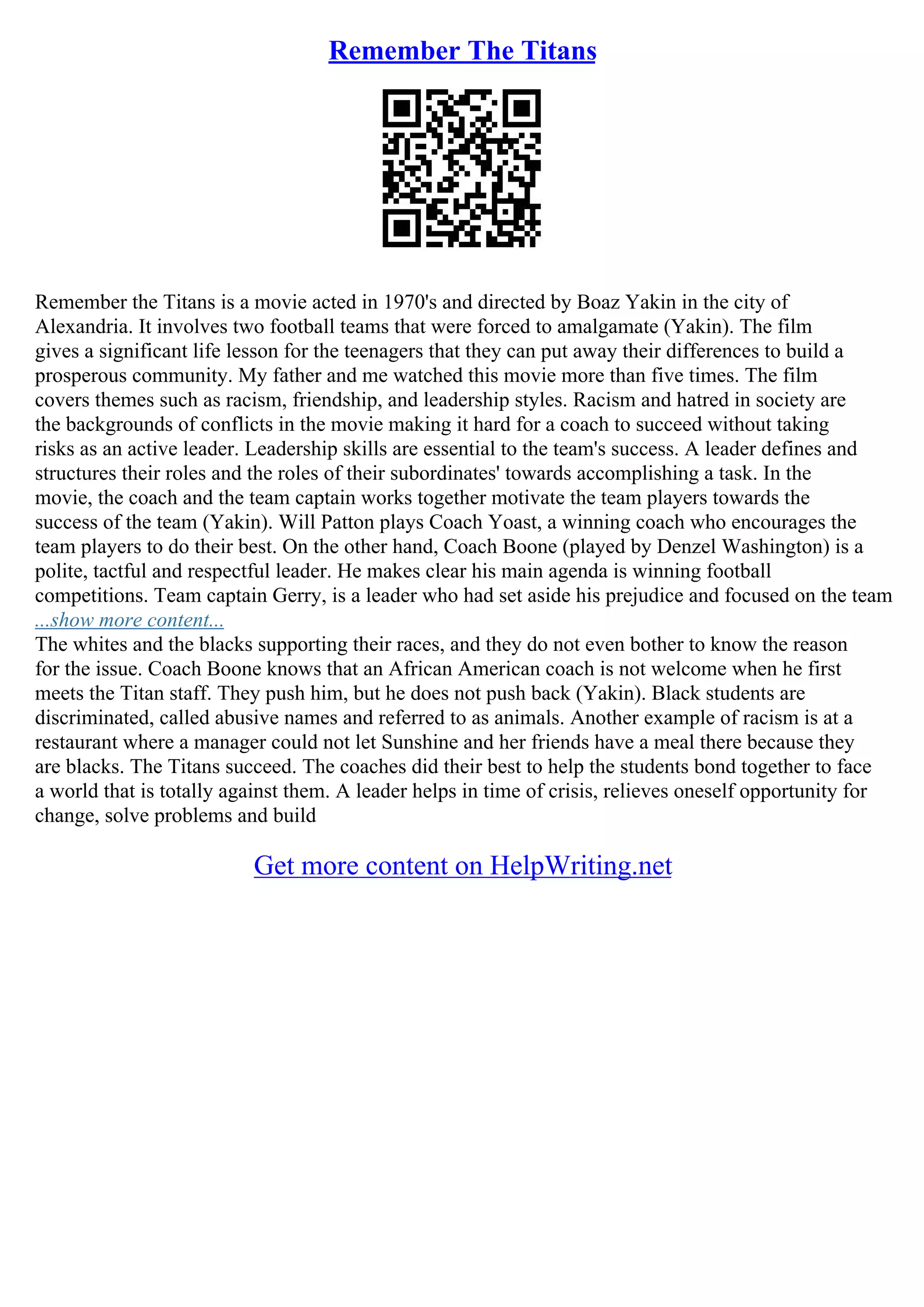 Remember The Titans Essay | PDF