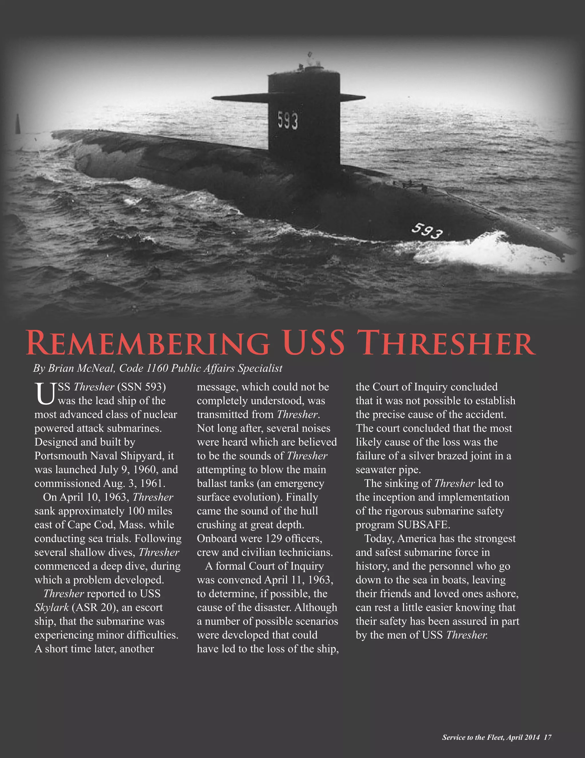 Remembering USS Thresher - STTF April 2014 | PDF