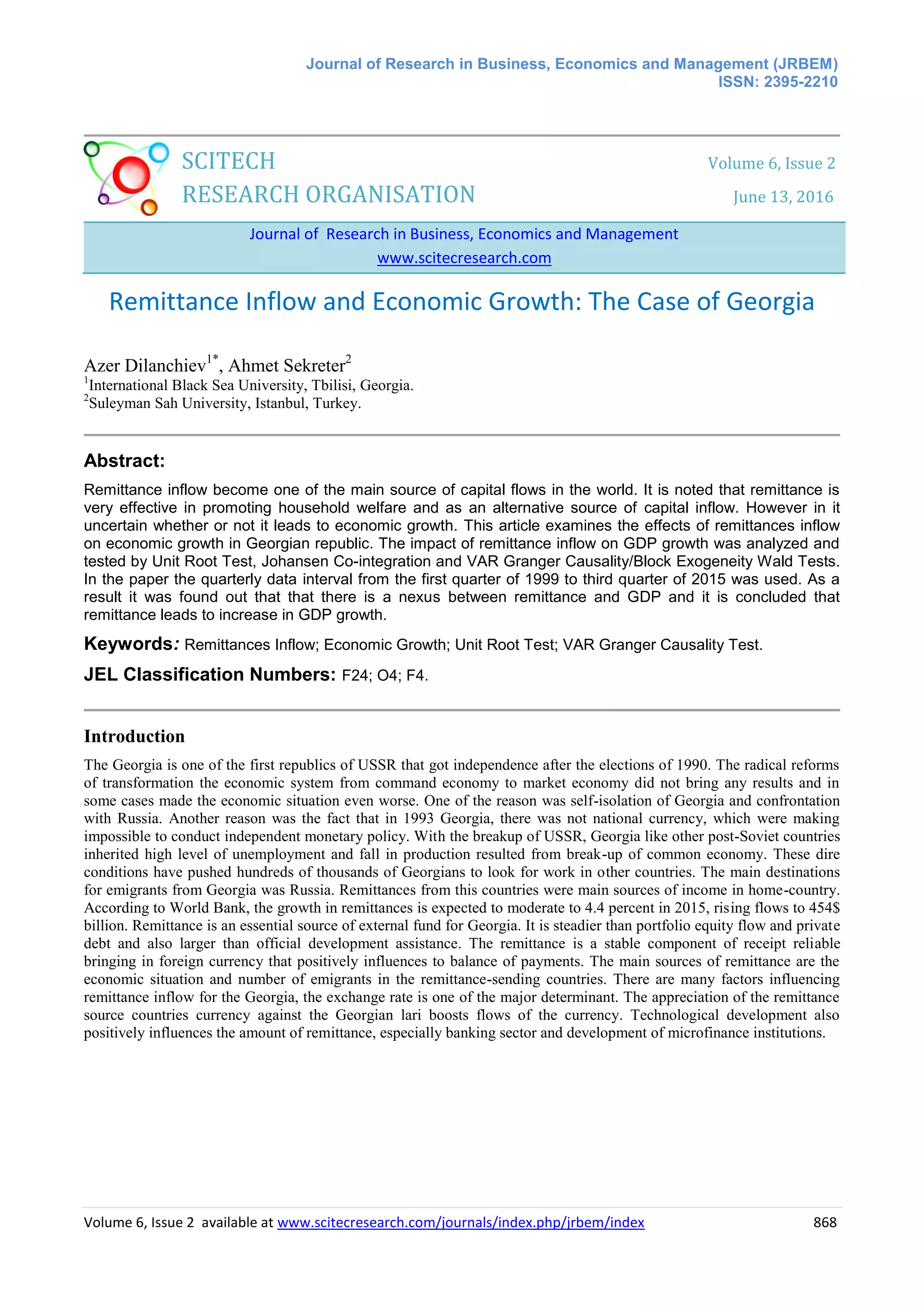 Remittance inflow and economic growth the case of georgia | PDF ...