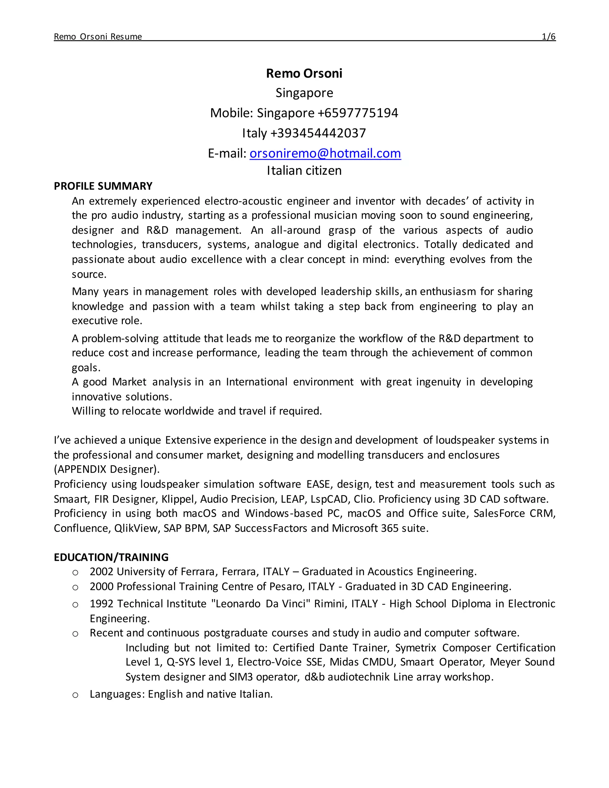 Remo Orsoni resume | PDF
