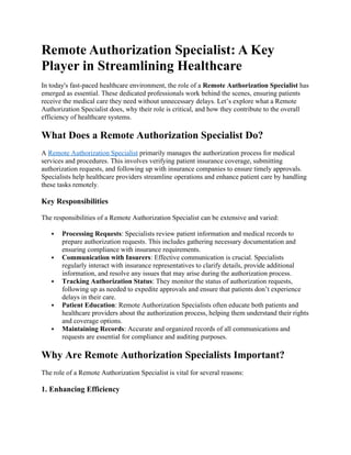 Remote Authorization Specialist: A Key Player in Streamlining Healthcare | PDF