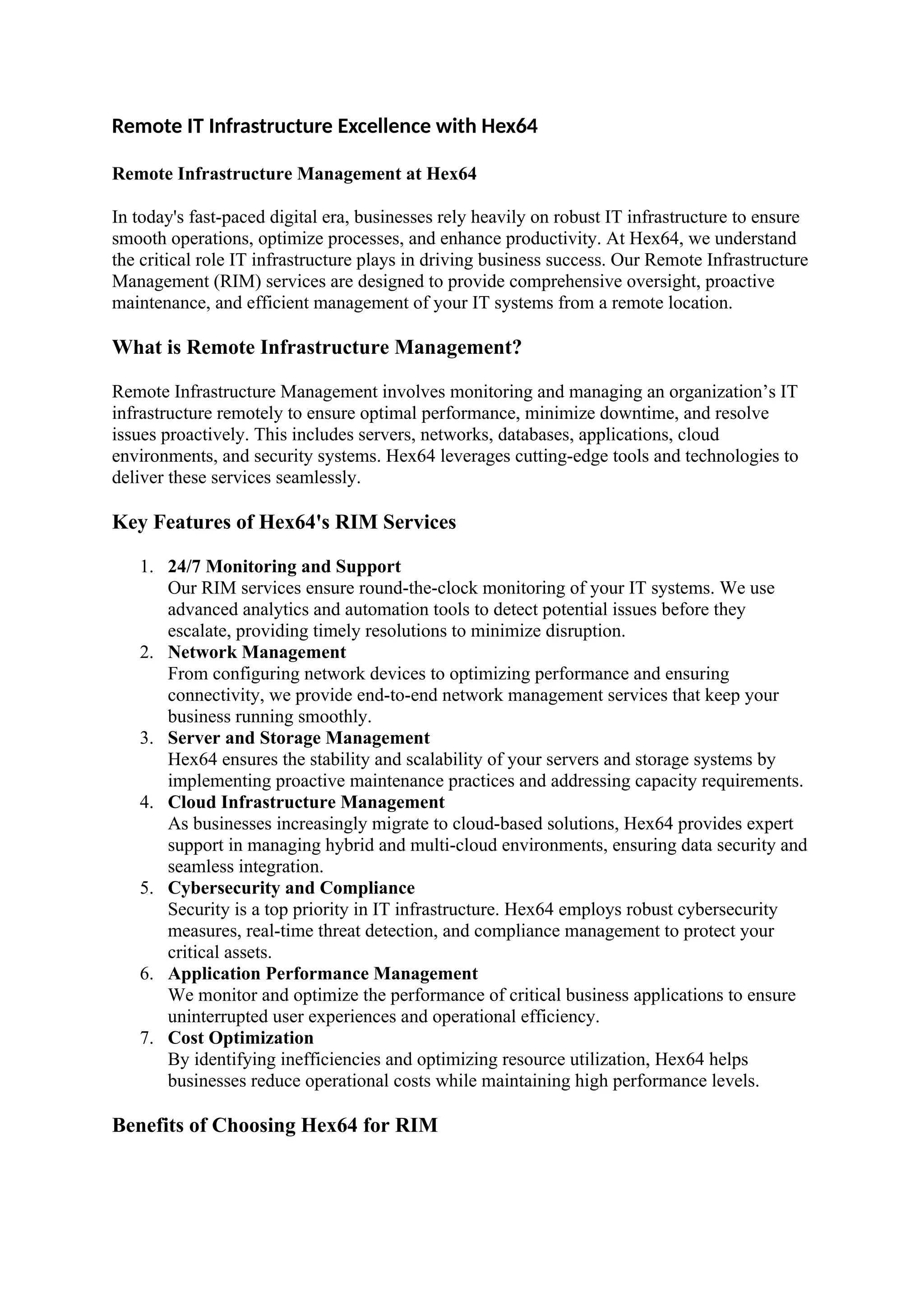 Remote IT Infrastructure Excellence with Hex64 | DOCX