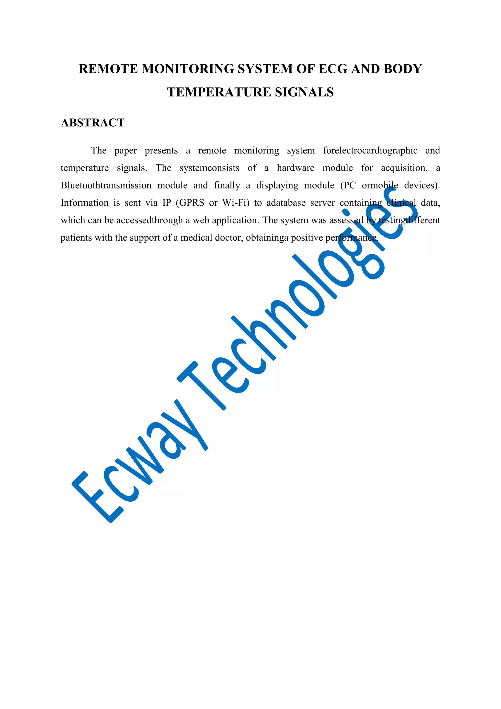 Remote Monitoring System Of Ecg And Body Temperature Signals Docx Computing Technology