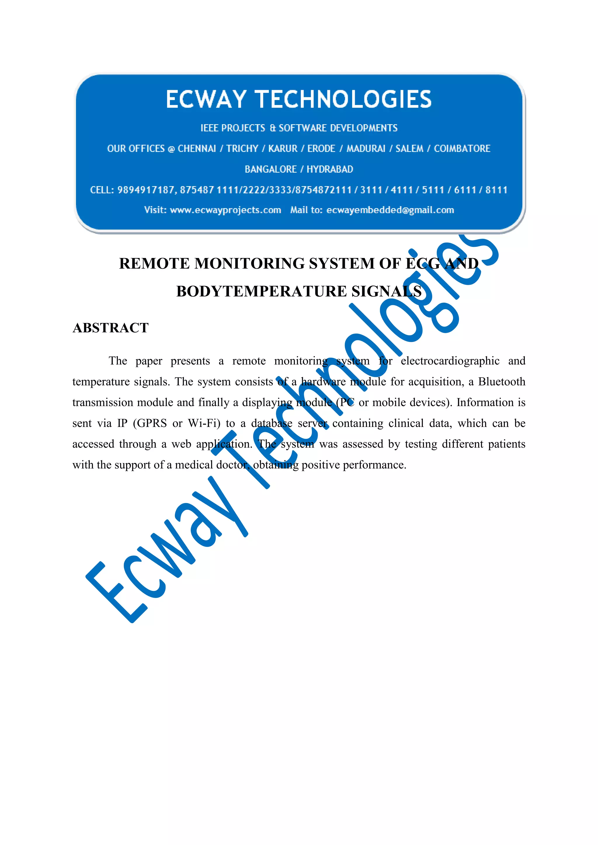 Remote Monitoring System Of Ecg And Body Temperature Signals Pdf