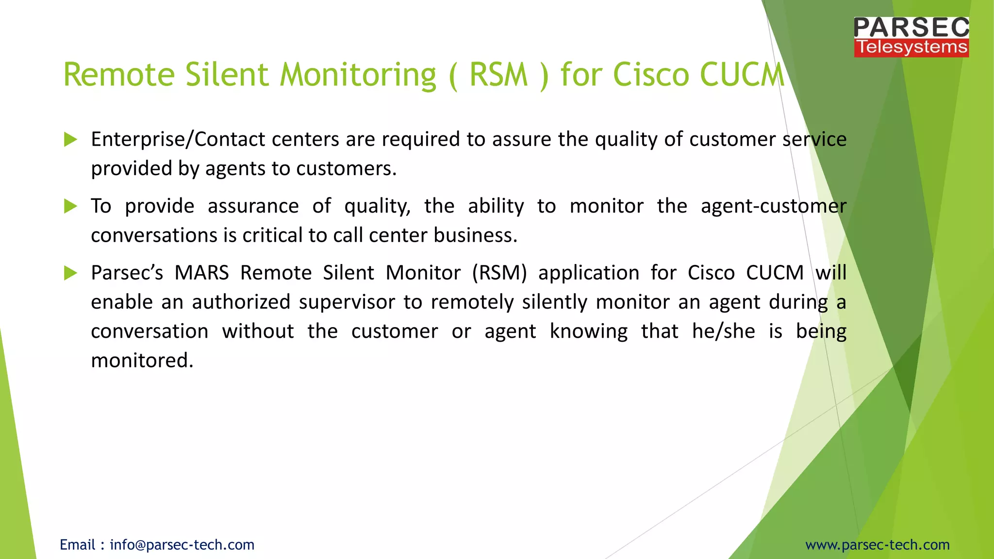MARS Remote Silent Monitoring ( RSM ) for Cisco CUCM | PPT