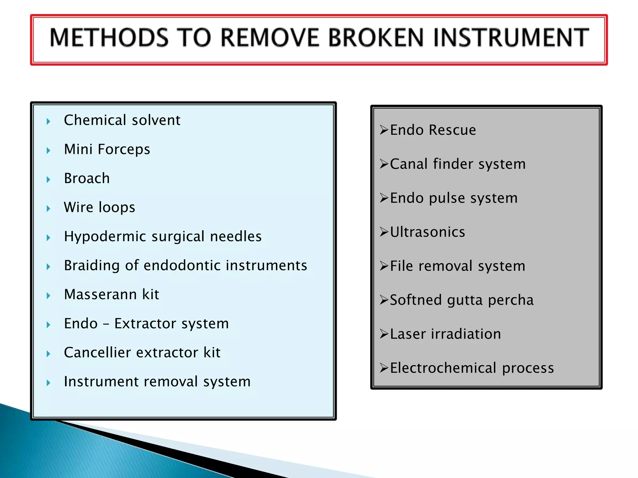 Removal of broken endodontic instruments | PPTX