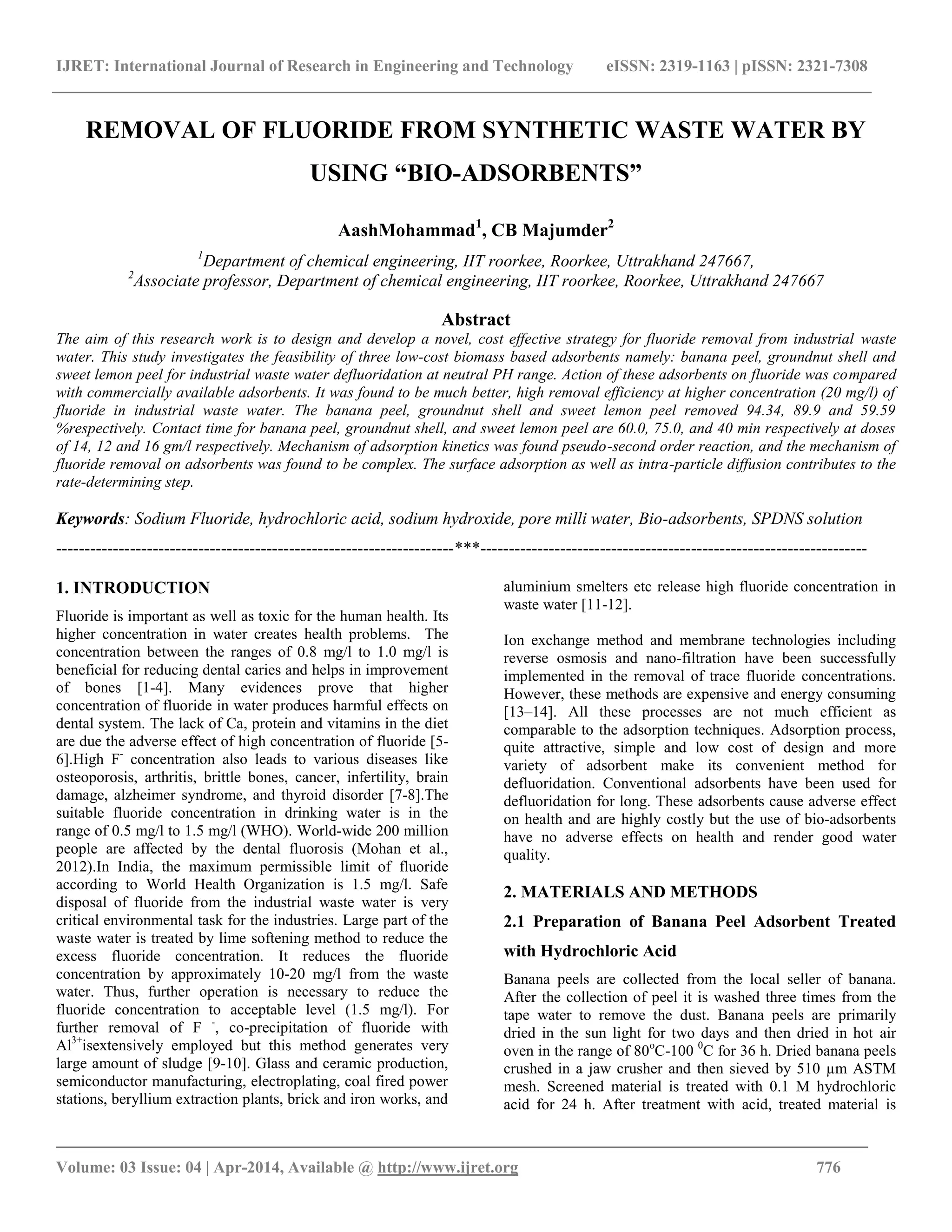 Removal of fluoride from synthetic waste water by using “bio adsorbents ...