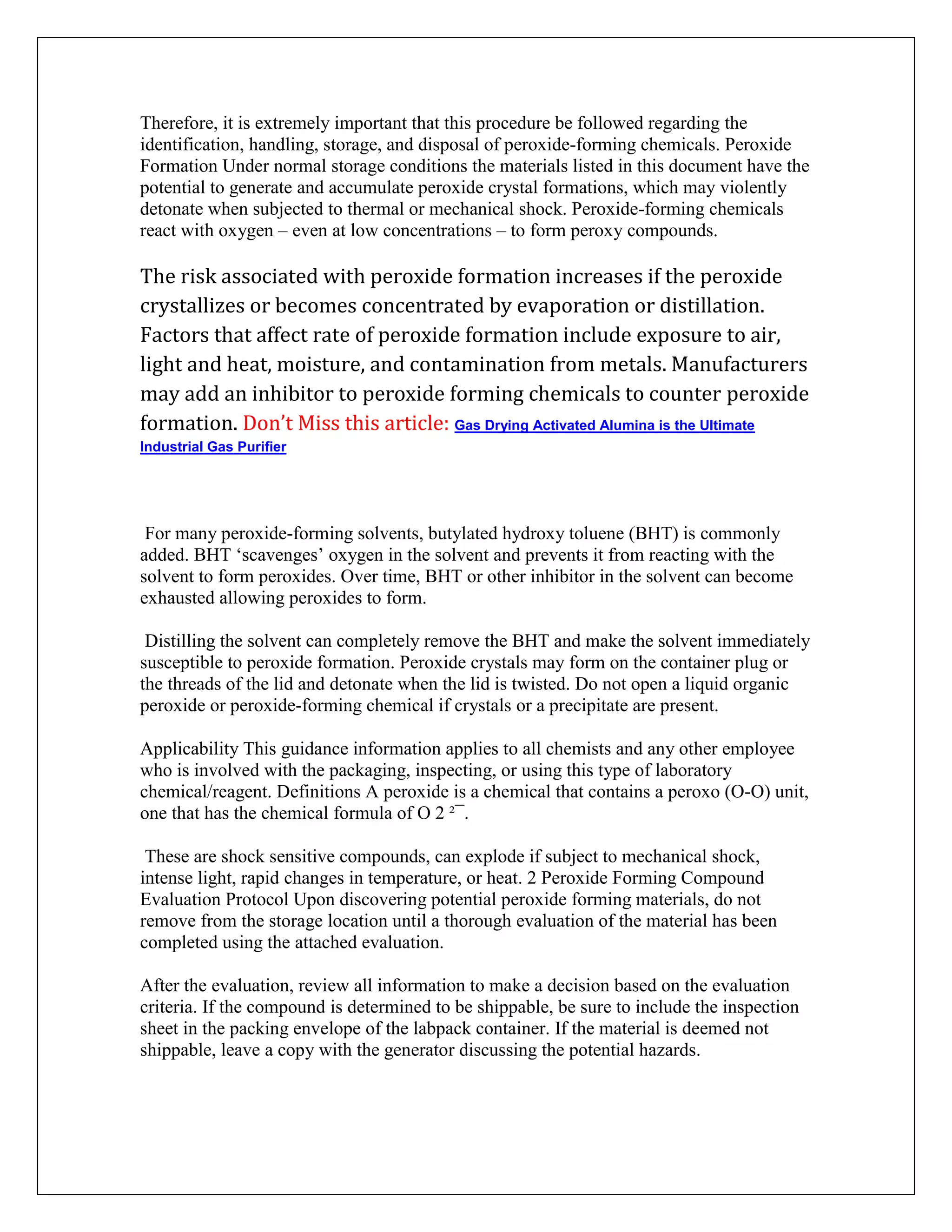 Removal of peroxide from thf mfg of thf using activated alumina balls | PDF