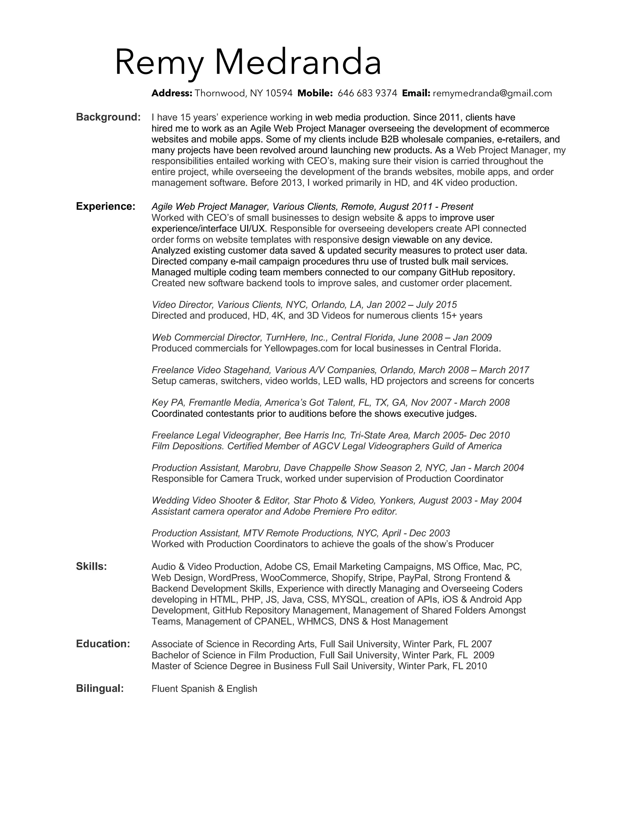 Remy Medranda Web Project Manager Resume - WWE | PDF