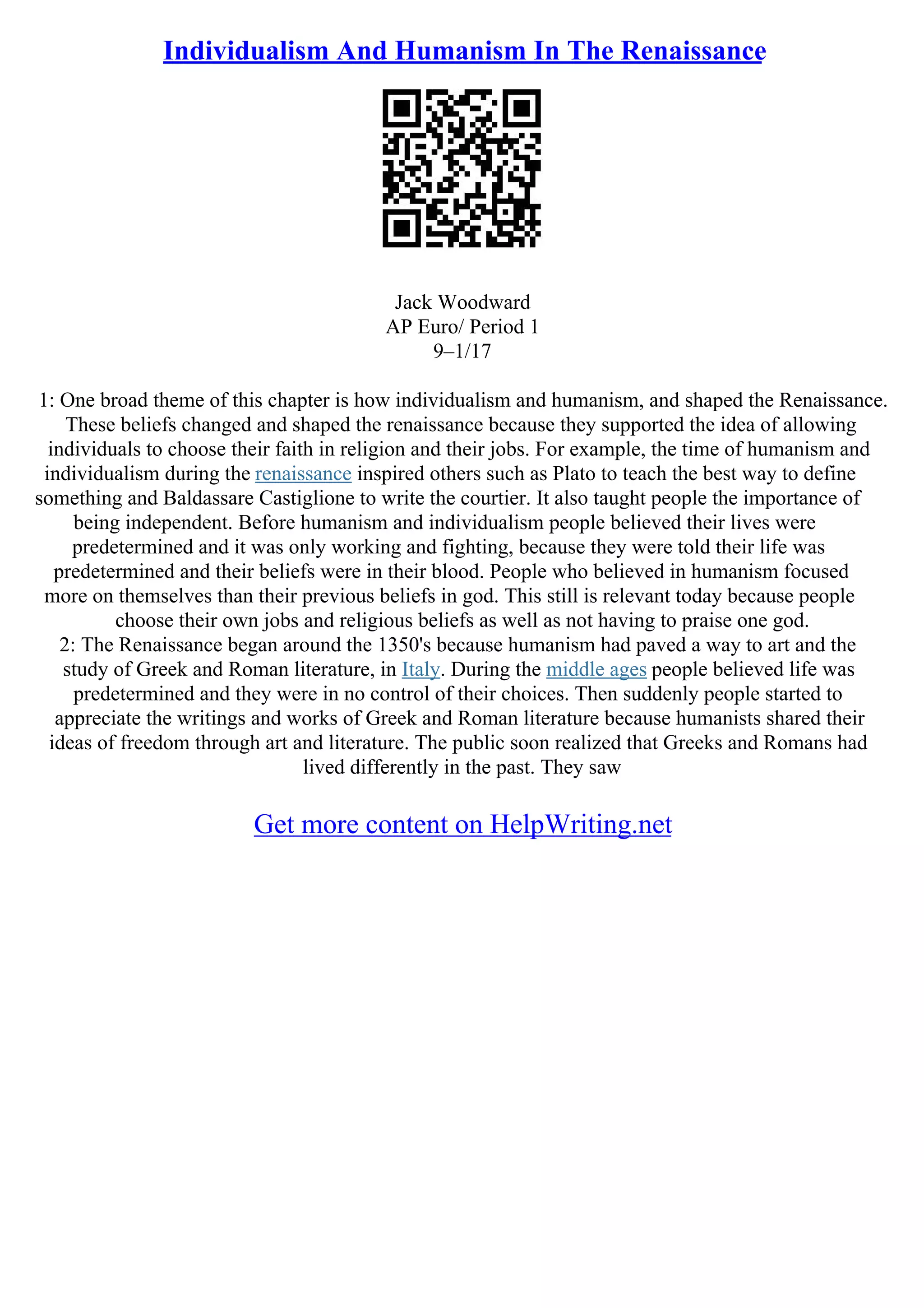 Renaissance Humanism Essay | PDF