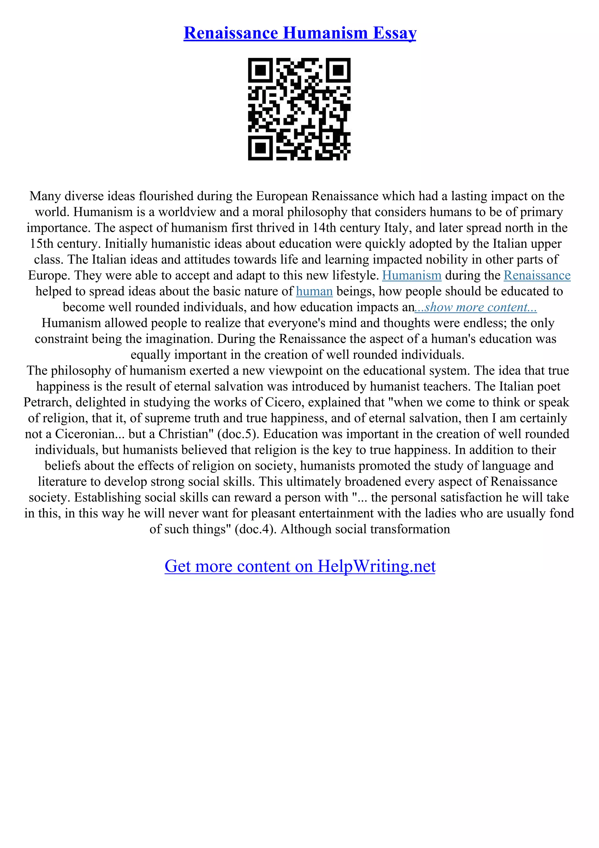 Renaissance Humanism Essay | PDF