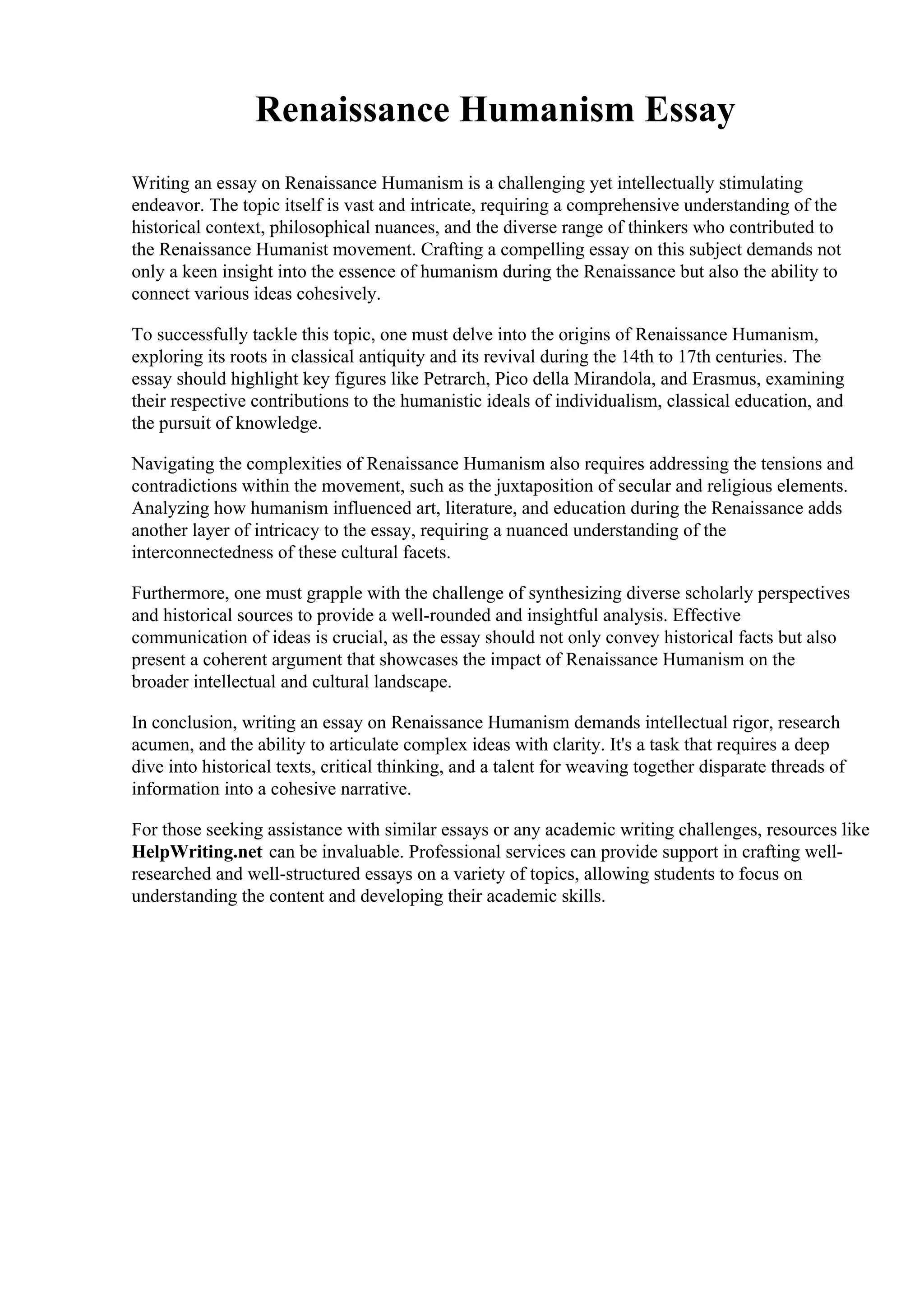 Renaissance Humanism Essay. St. John's College of Nursing | PDF