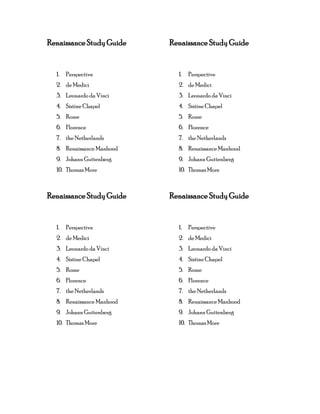 Renaissance study guide | DOCX | Secondary Education | Education