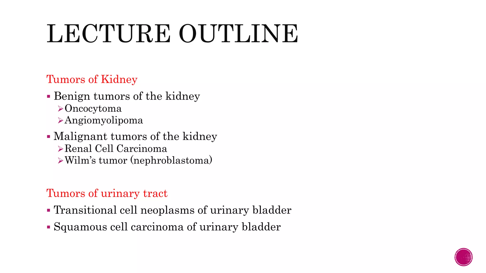 Renal pathology lecture 4 Tumors of kidney and urinary tract. Sufia Husain 2020 | PPTX