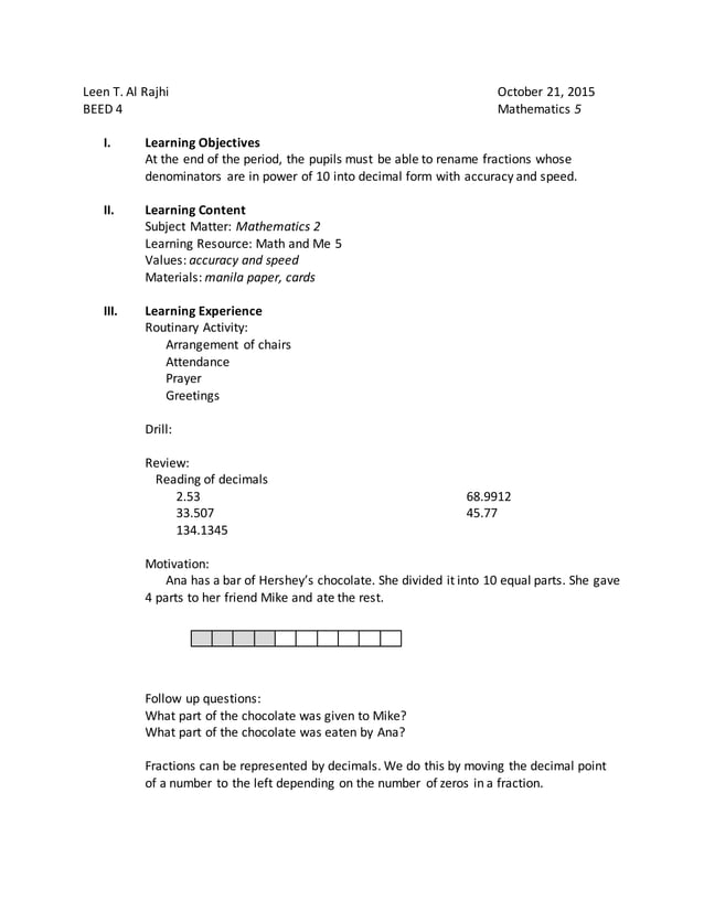 Renaming decimals lesson plan Grade 5 Math | DOCX | Education