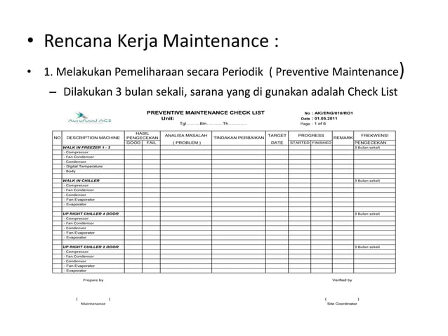 Rencana kerja dan pemeliharaan peralatan