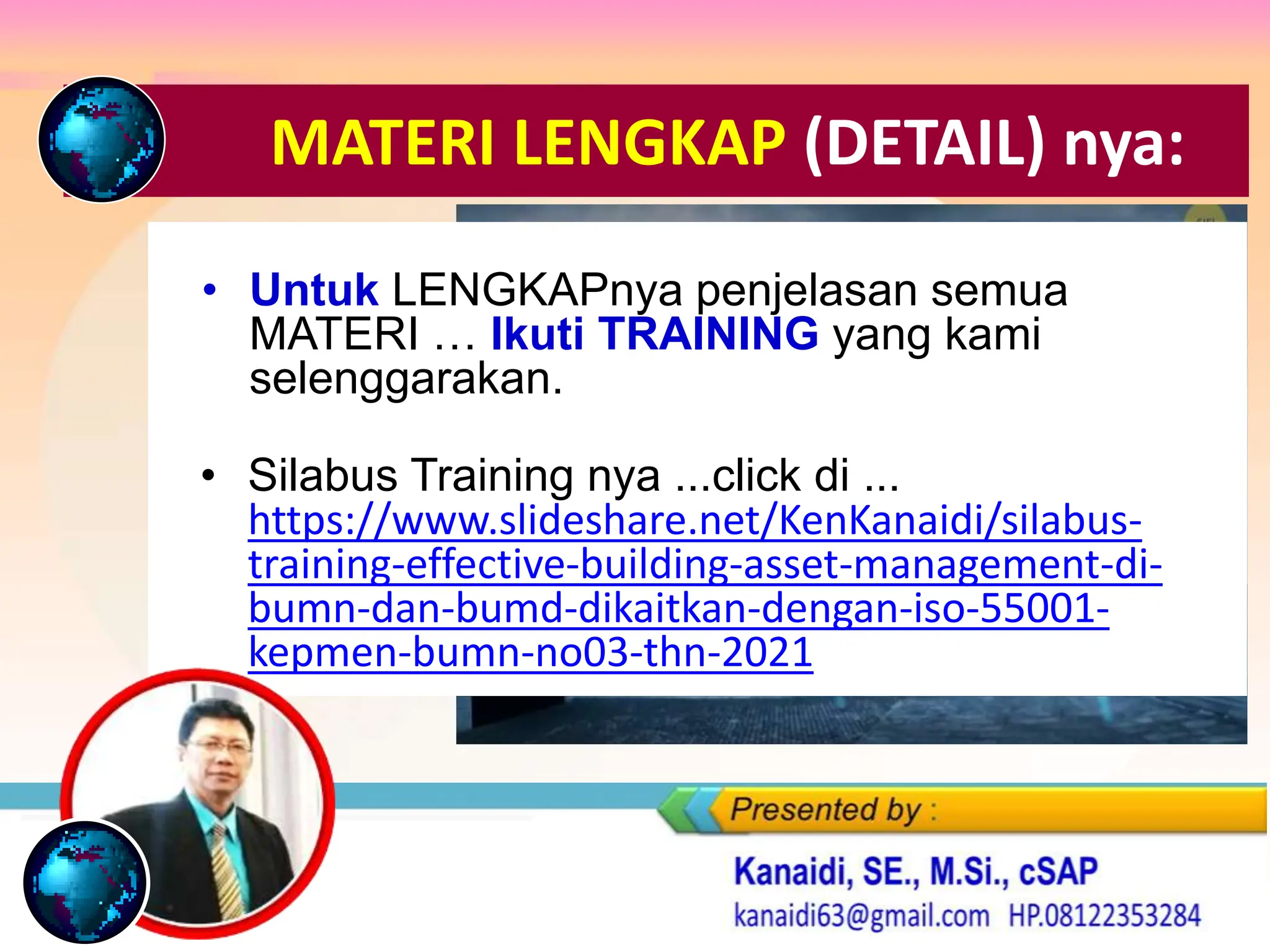 RENCANA + Link-link MATERI Training _"BUILDING & ASSET MANAGEMENT" (terkait ISO 55001). | PPTX