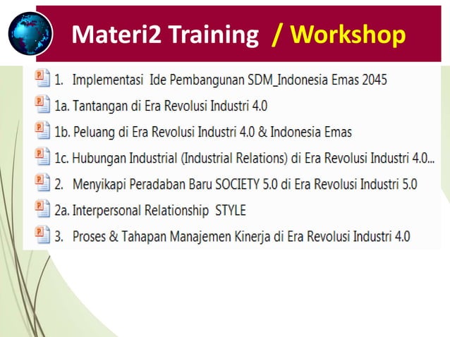 RENCANA & Link2 MATERI Workshop _"Implementasi Ide Pembangunan SDM_INDONESIA EMAS 2045". | PPTX