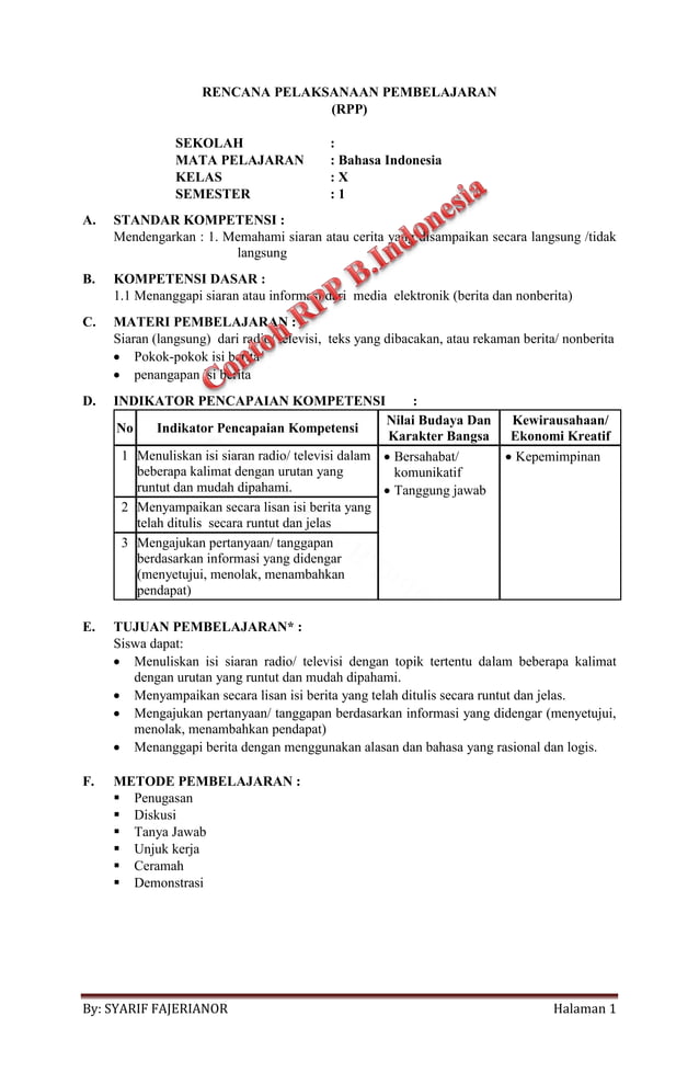 Contoh RPP SMA/MA Berkarakter (B.Indo, B. Ingg, Sosiologi) | PDF