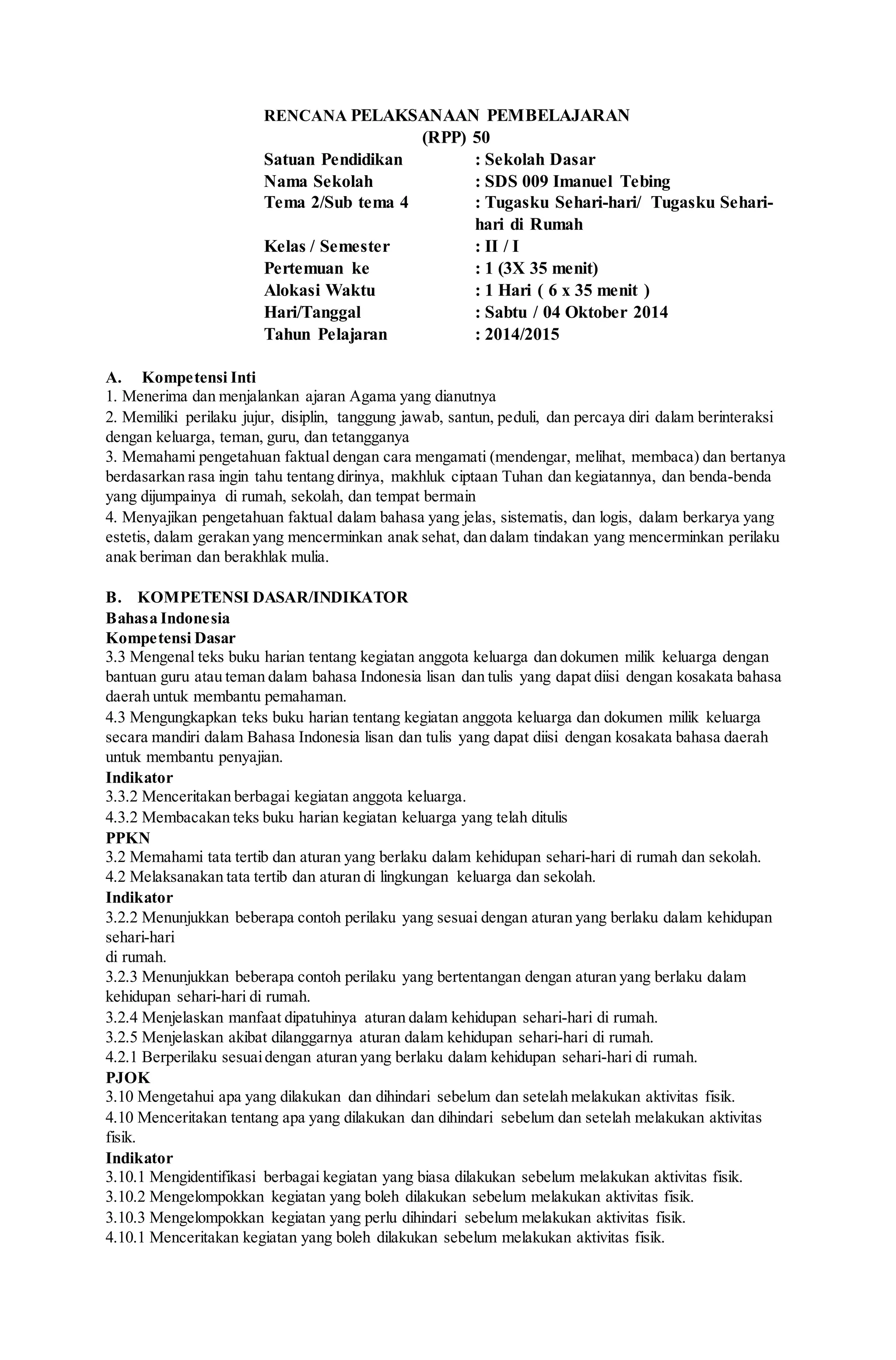 CONTOH RPP KURIKULUM 2013 TEMATIK KELAS II SD | PDF