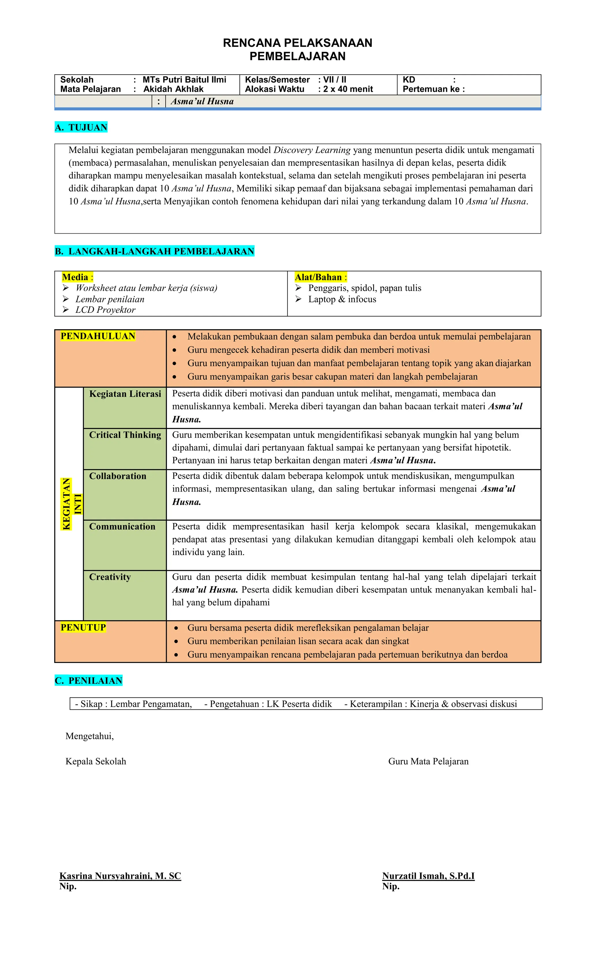 RENCANA PELAKSANAAN PEMBELAJARAN AQIDA AKHLAK.docx