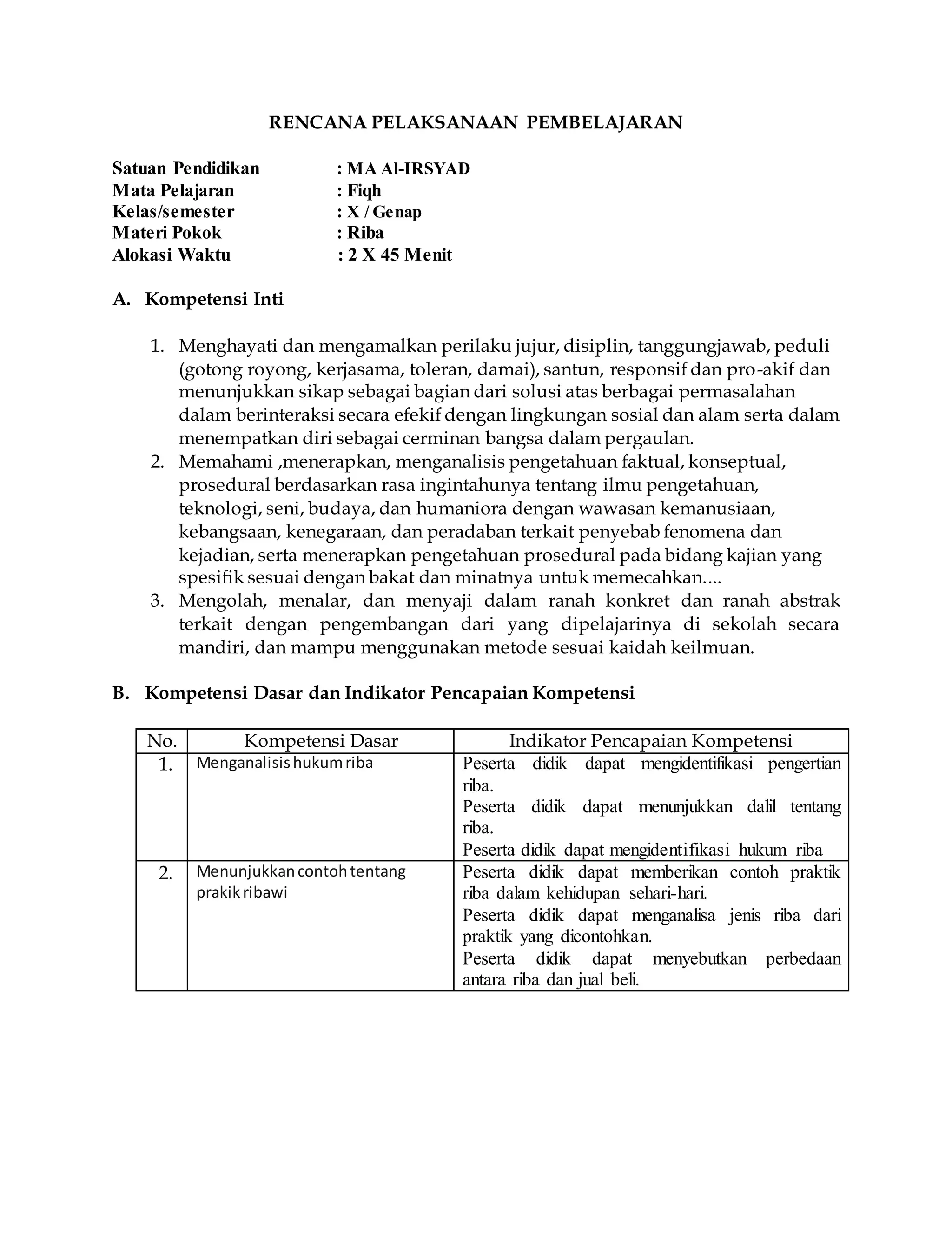 Rencana pelaksanaan pembelajaran fiqih revisi | DOCX