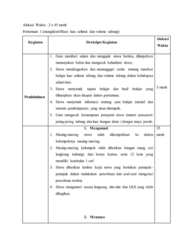 Rencana pelaksanaan pembelajaran bangun ruang sisi lengkung kelas IX | PDF