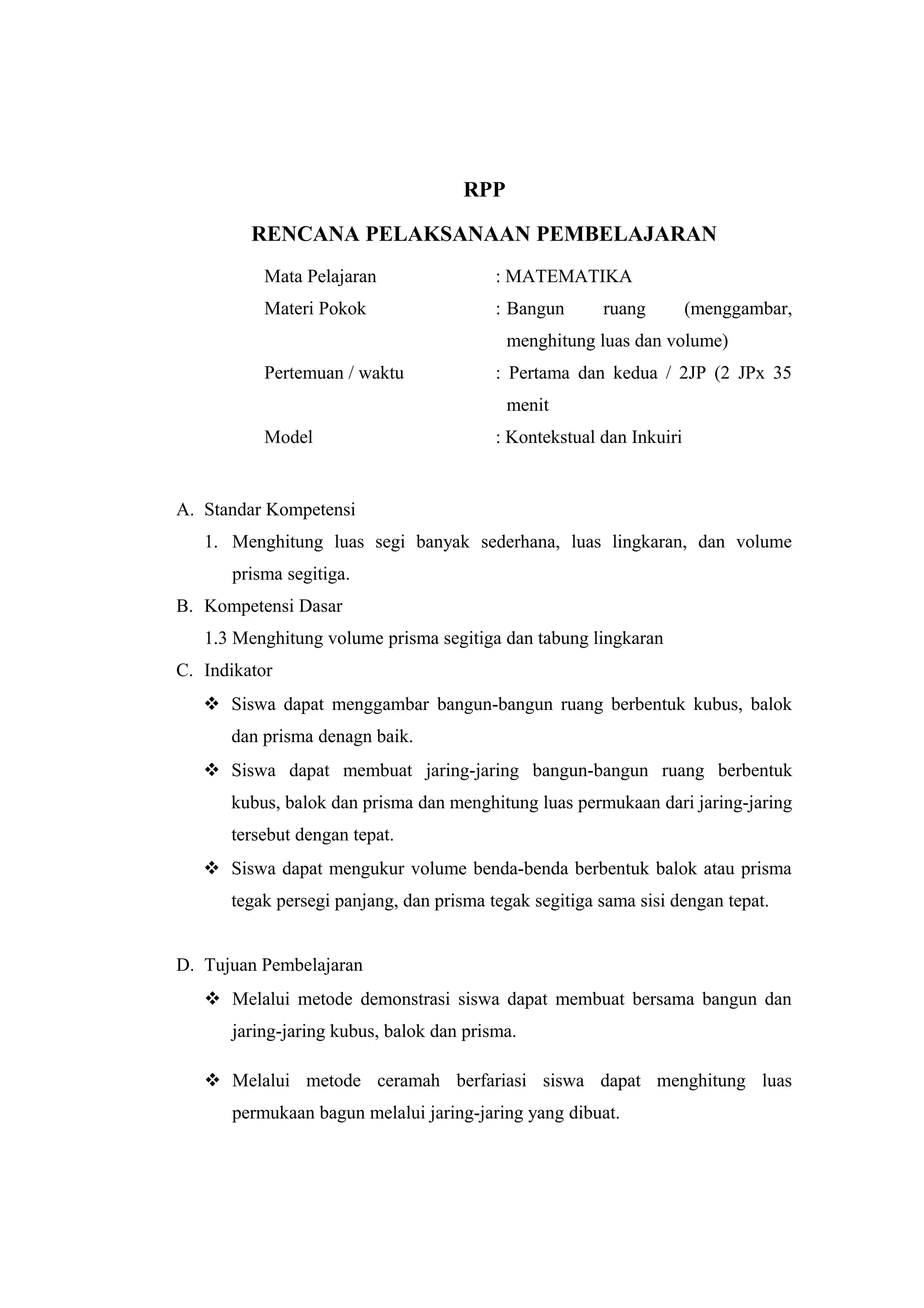Rencana Pelaksanaan Pembelajaran Matematika | PDF