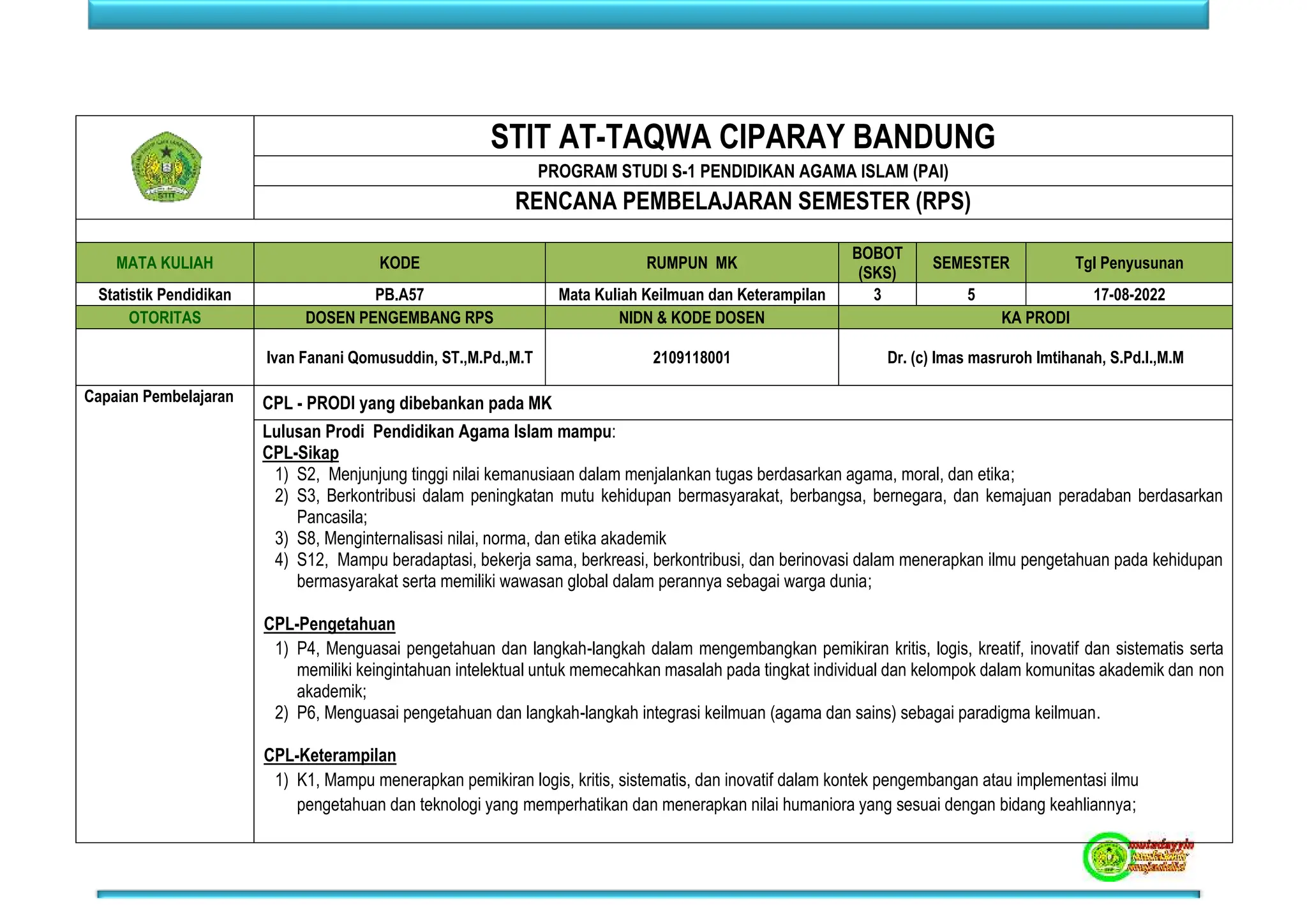 Rencana Pembelajaran (RPS)- Statistik Pendidikan.pdf