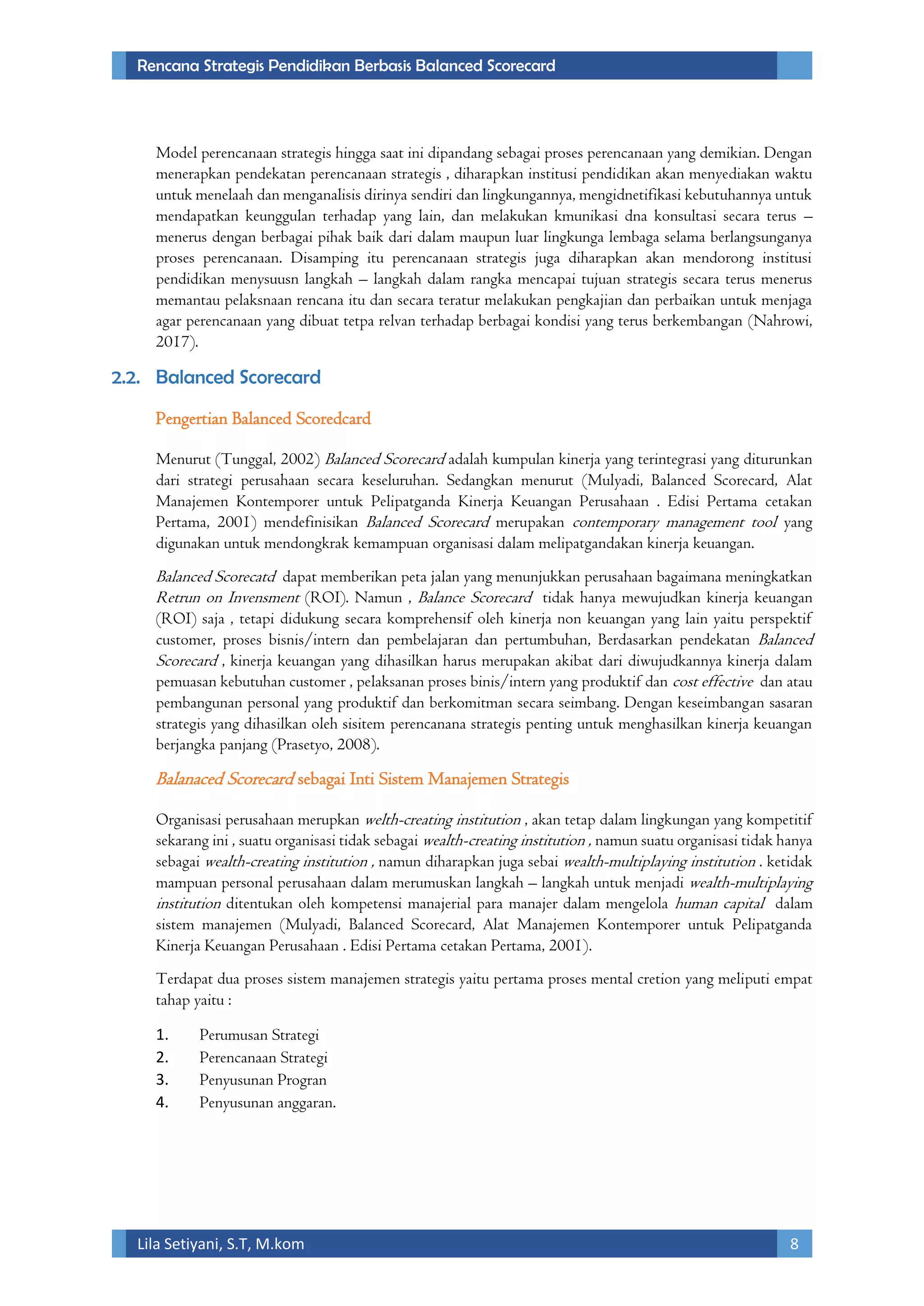 Rencana strategis pendidikan berbasis balanced scorecard - Lila Setiyani | PDF