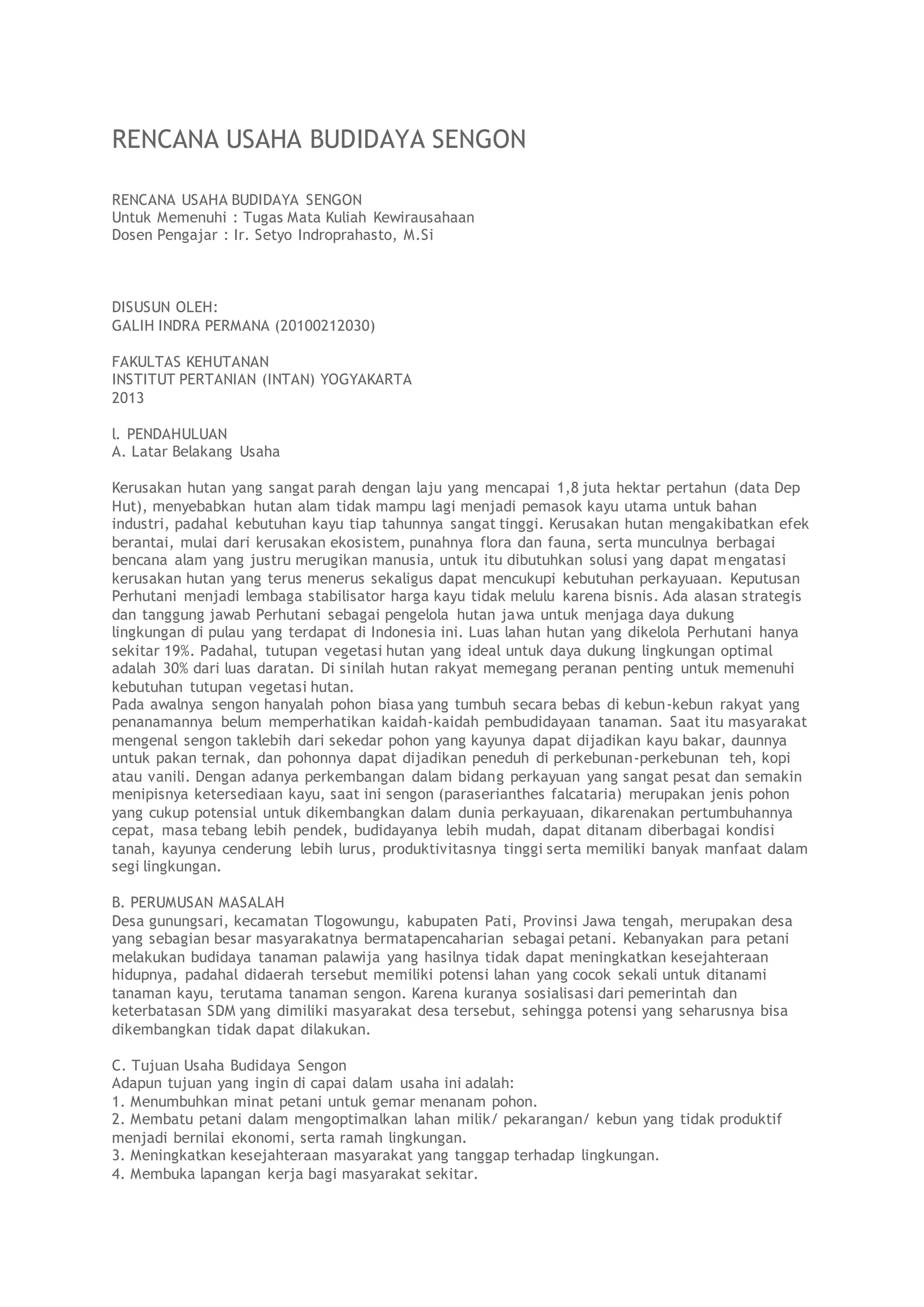 Rencana usaha budidaya sengon | DOCX