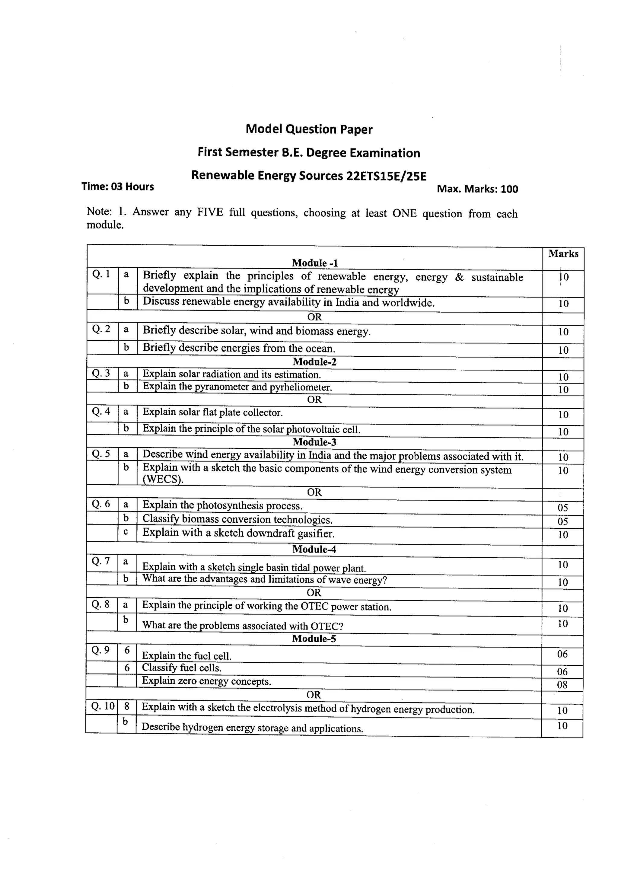 Question paper of renewable energy sources | PDF