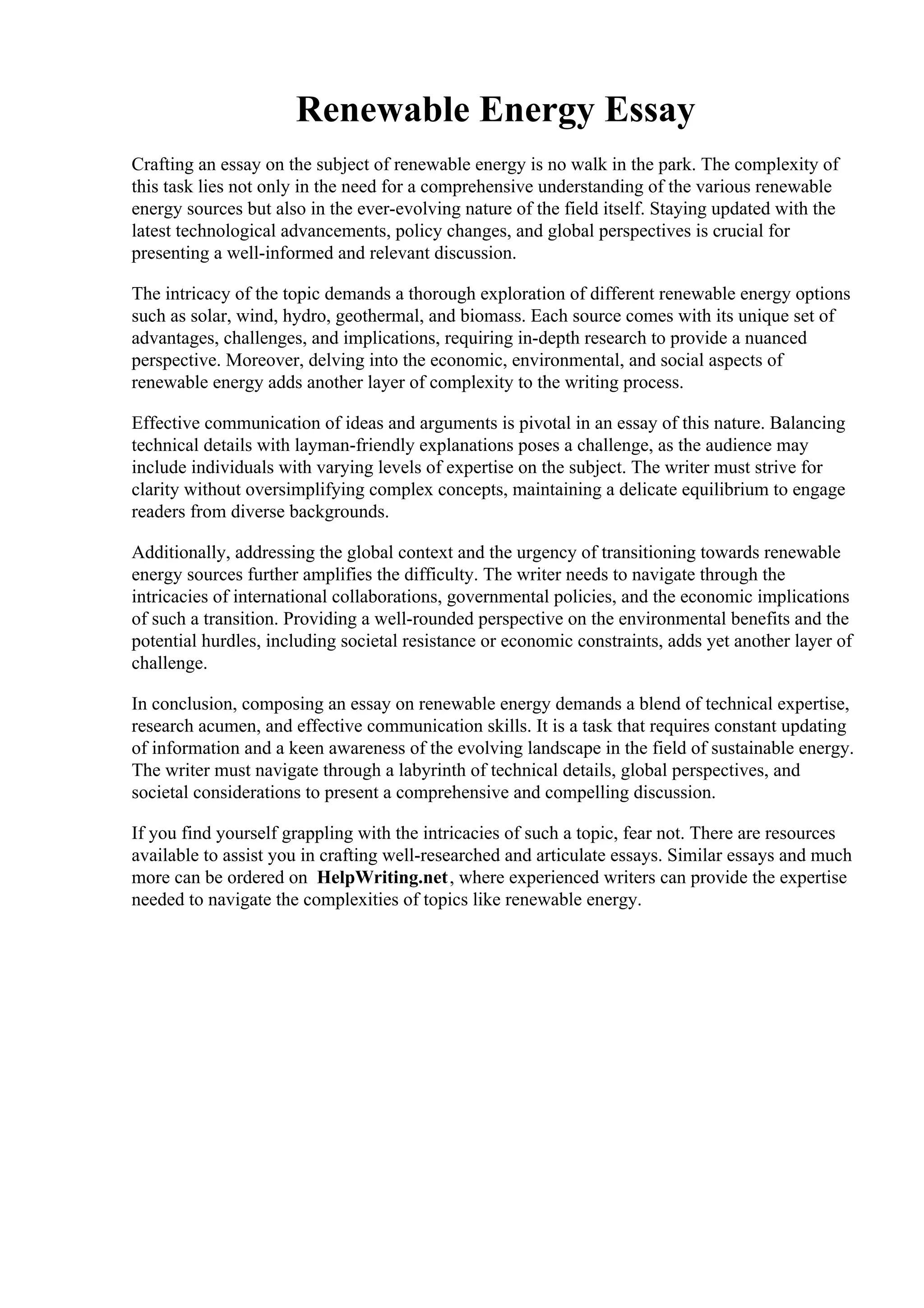 Renewable Energy Essay. Modern Marvels - Renewable Energy Essay Example ...