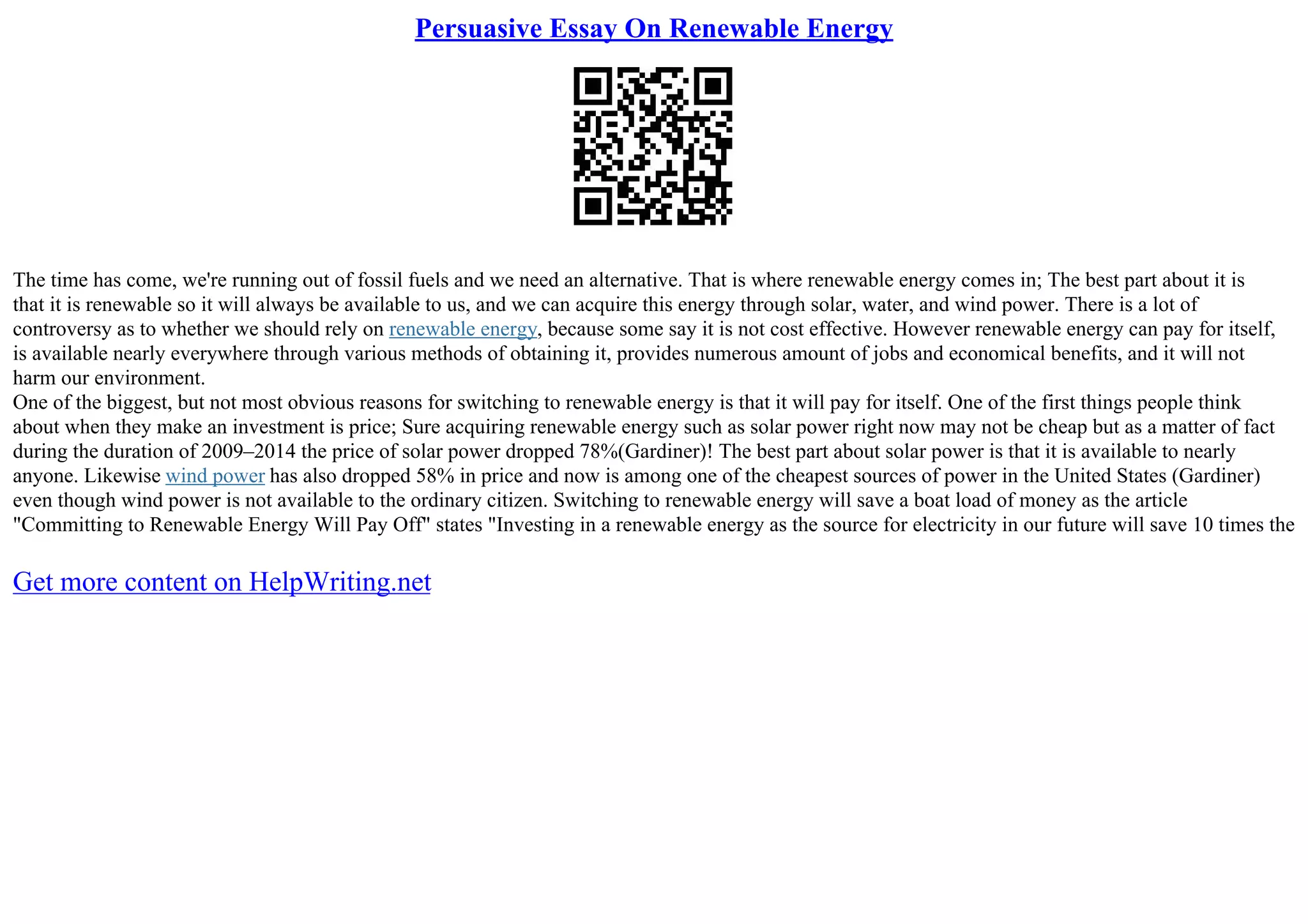 Renewable Energy Essays | PDF