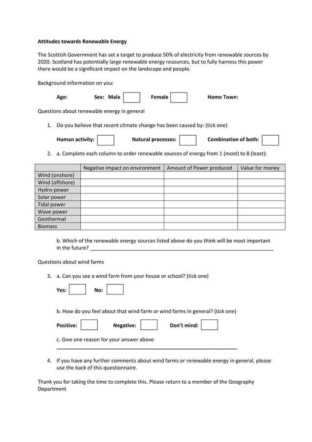 Renewable energy questionnaire | DOCX | Environment | Science