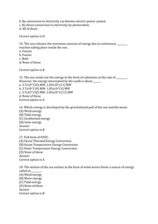 Renewable energy resources mcqs quiz unit(1 5) | PDF