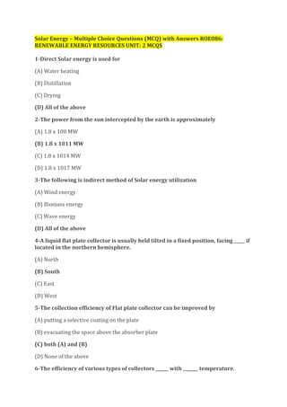 Renewable energy resources mcqs quiz unit(1 5) | PDF