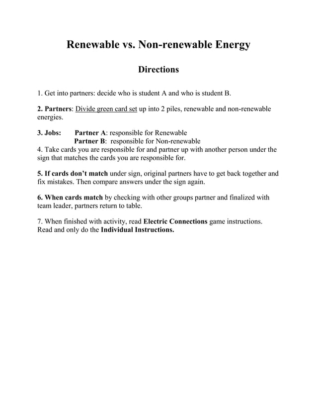 Renewable vs non renewable energy card game directions | PDF