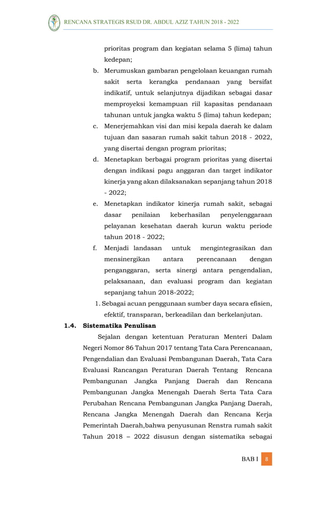 Rencana Strategis (RENSTRA) RSUD dr. ABDUL AZIZ Tahun 2018 - 2022 | PDF