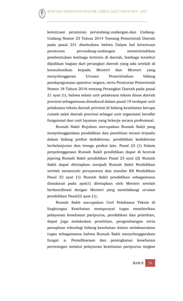 Rencana Strategis (RENSTRA) RSUD dr. ABDUL AZIZ Tahun 2018 - 2022 | PDF
